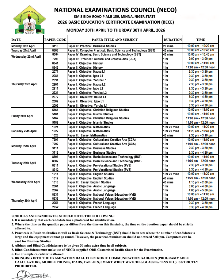 NECO BECE 2026 Timetable & Grading System For Junior WAEC